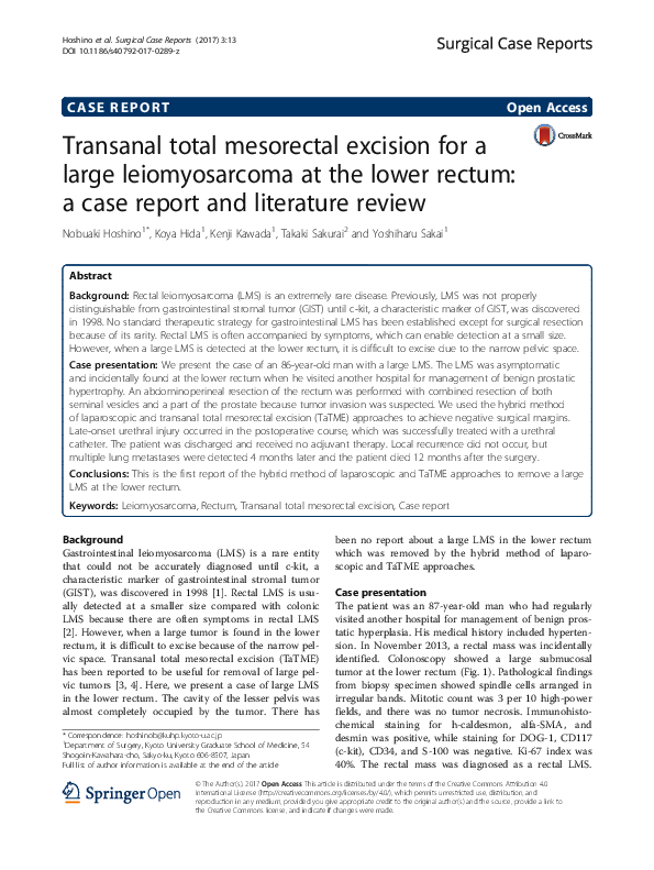 (PDF) Transanal total mesorectal excision for a large leiomyosarcoma at the lower rectum: a case ...
