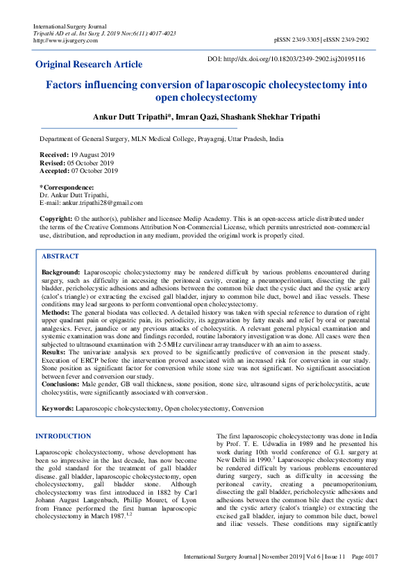 (PDF) Factors influencing conversion of laparoscopic cholecystectomy into open cholecystectomy