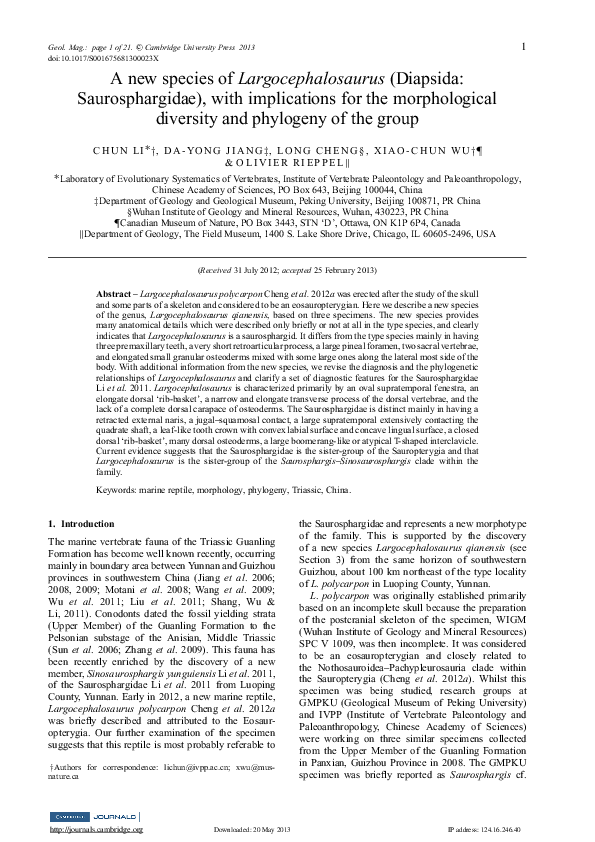 (PDF) A new species of Largocephalosaurus (Diapsida: Saurosphargidae ...