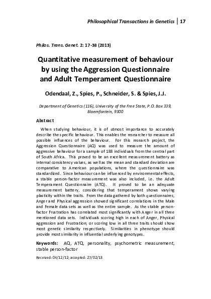 Pdf Quantitative Measurement Of Behaviour By Using The Aggression