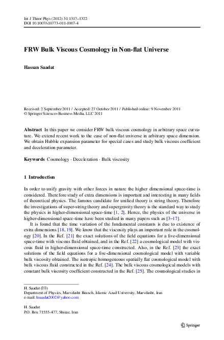 (PDF) FRW Bulk Viscous Cosmology in Non-flat Universe
