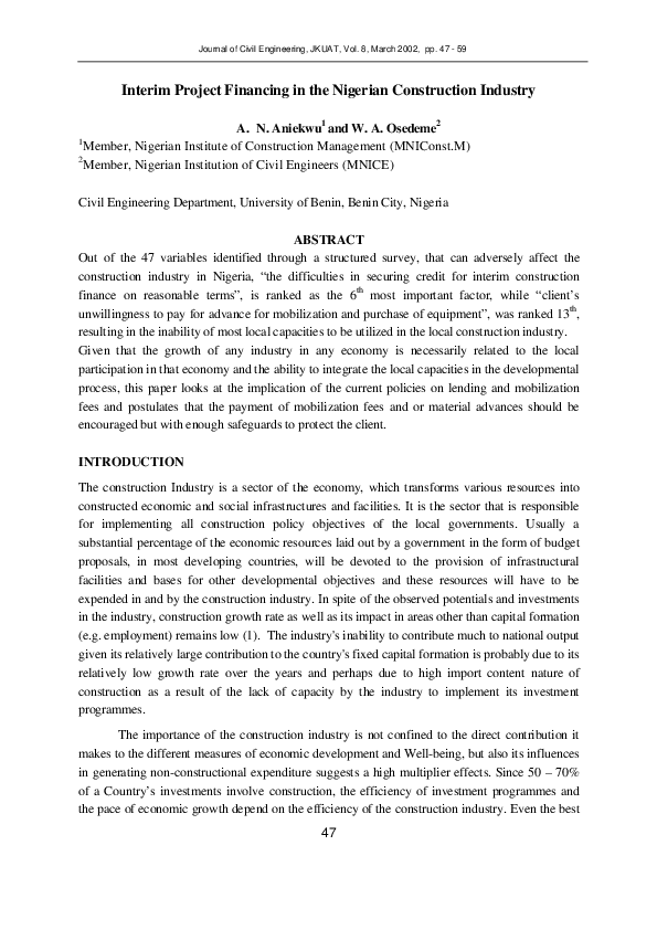 (PDF) Interim Project Financing in the Nigerian Construction Industry