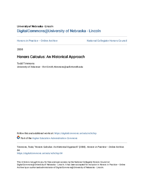 (PDF) Honors Calculus: An Historical Approach