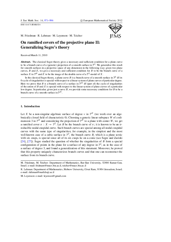 (PDF) On ramified covers of the projective plane II: Generalizing Segre’s theory | Rebecca ...