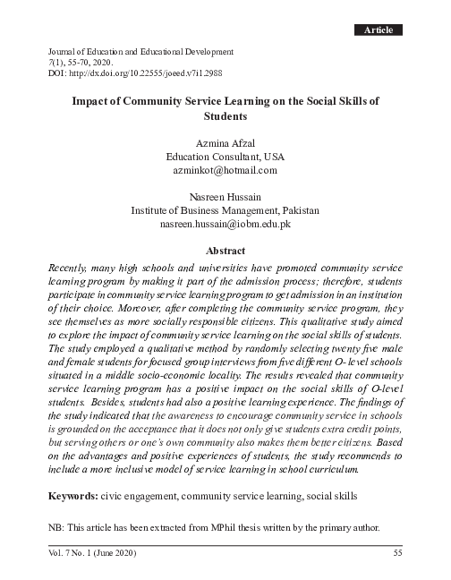 (PDF) The Impact of Community Service Learning on the Social Skills of ...