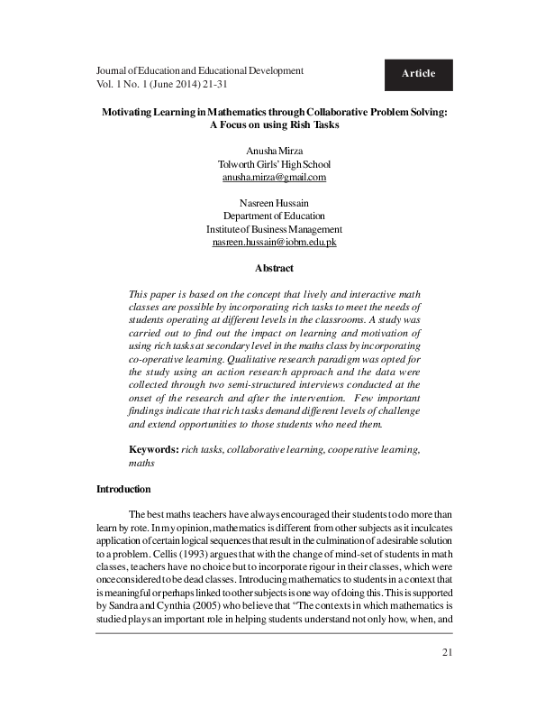 (PDF) Motivating Learning in Mathematics Through Collaborative Problem ...