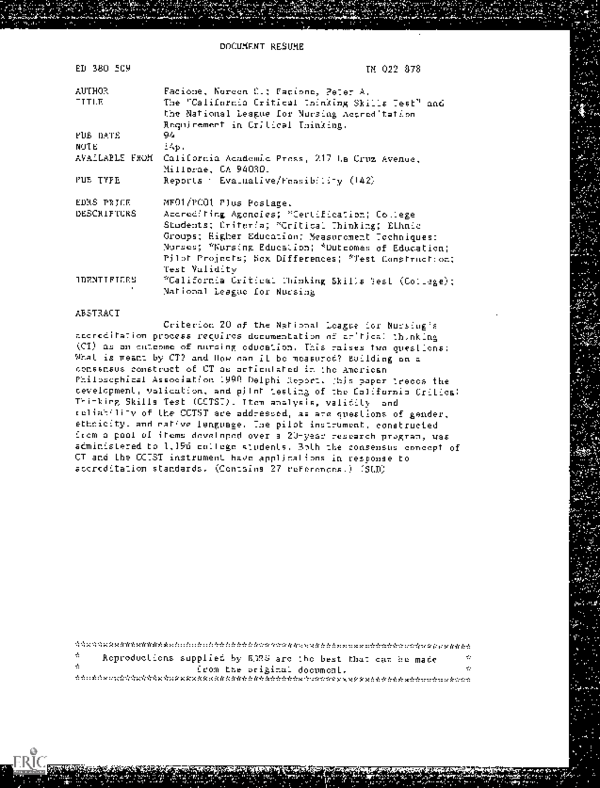 (PDF) The "California Critical Thinking Skills Test" and the National ...