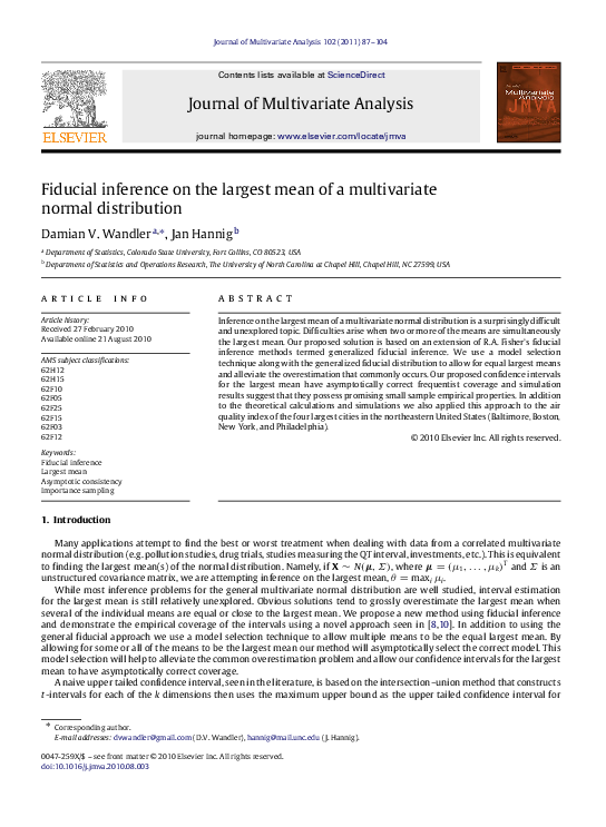(PDF) Fiducial inference on the largest mean of a multivariate normal distribution