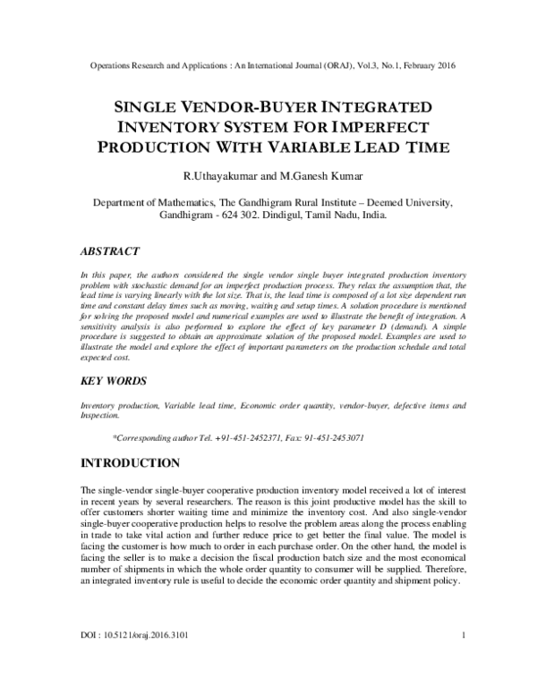 (PDF) An Integrated Vendor and Buyer Inventory Model with Quality ...