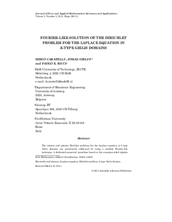 (PDF) Fourier-like solution of the Dirichlet problem for the Laplace Equation in k-type Gielis ...
