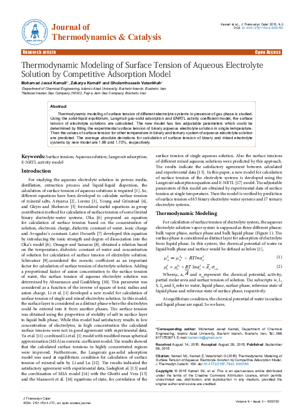 (PDF) Thermodynamic Modeling of Surface Tension of Aqueous Electrolyte Solution by Competitive ...