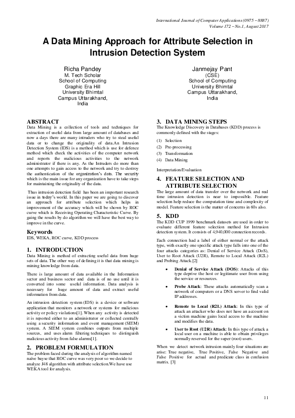 Pdf A Data Mining Approach For Attribute Selection In Intrusion Detection System