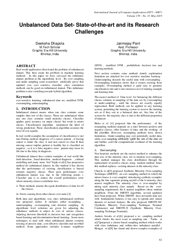 (PDF) Unbalanced Data Set- State-of-the-art and its Research Challenges