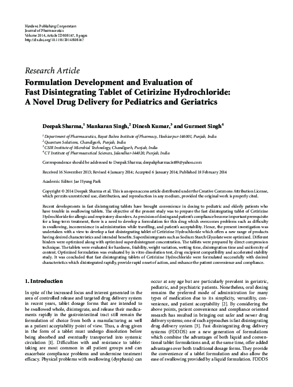 (PDF) Formulation Development and Evaluation of Fast Disintegrating ...