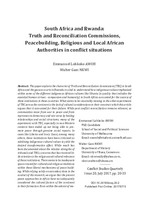 (PDF) South Africa and Rwanda: Truth and Reconciliation Commissions ...