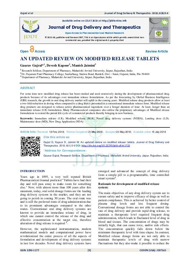 (PDF) An Updated Review on Modified Release Tablets