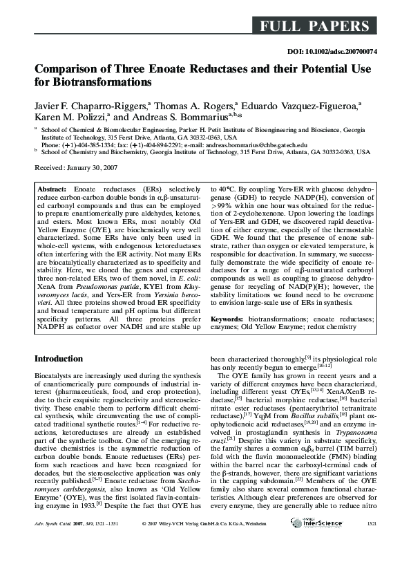 (PDF) Comparison of Three Enoate Reductases and their Potential Use for ...