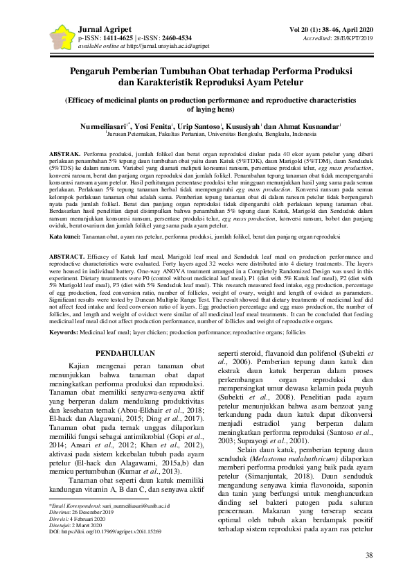 (PDF) Pengaruh Pemberian Tumbuhan Obat terhadap Performa Produksi dan Karakteristik Reproduksi ...