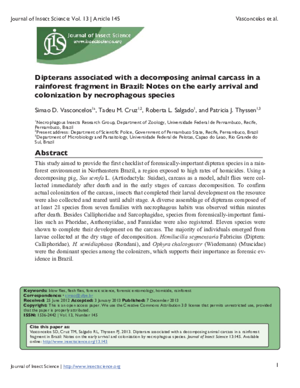 (PDF) Dipterans associated with a decomposing animal carcass in a ...
