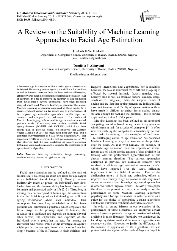 (PDF) A Review on the Suitability of Machine Learning Approaches to Facial Age Estimation