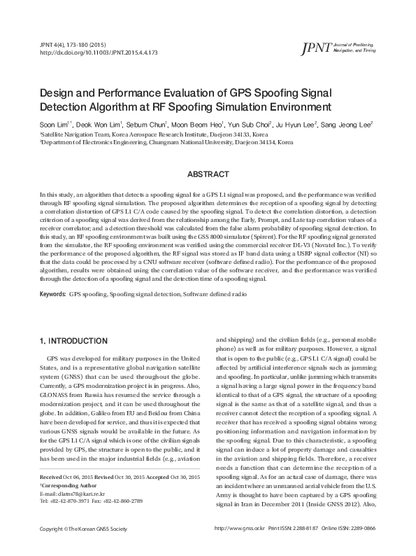 Pdf Design And Performance Evaluation Of Gps Spoofing Signal Detection Algorithm At Rf