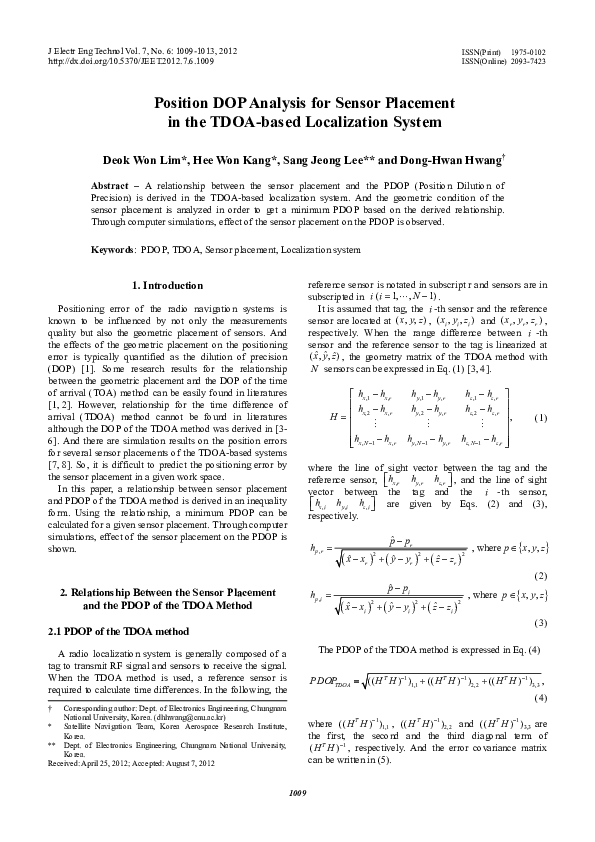 (PDF) Position DOP Analysis for Sensor Placement in the TDOA-based Localization System