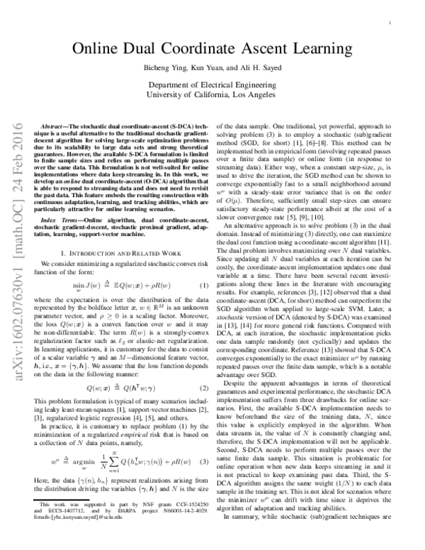 Pdf Online Dual Coordinate Ascent Learning