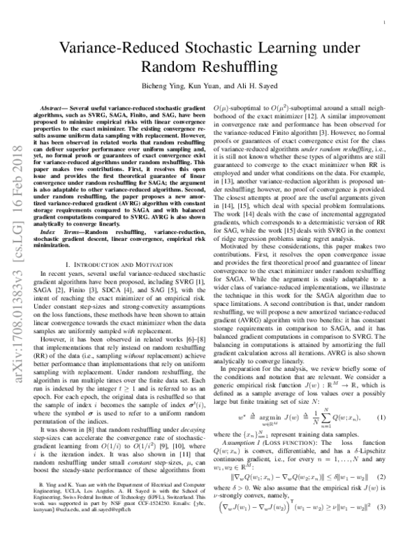 Pdf Variance Reduced Stochastic Learning Under Random Reshuffling Bicheng Ying 