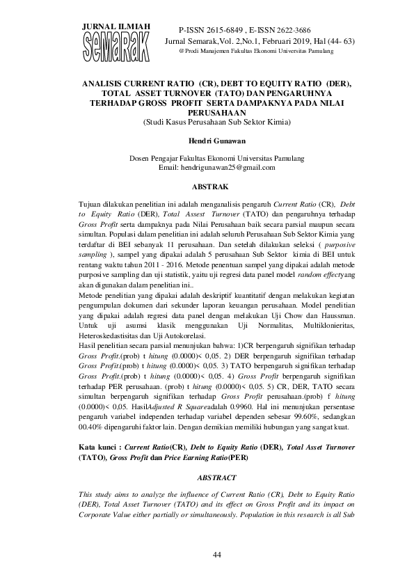 (PDF) Analisis Current Ratio (CR), Debt to Equity Ratio (Der), Total ...