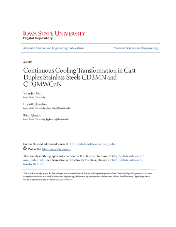 (PDF) Continuous Cooling Transformation in Cast Duplex Stainless Steels ...