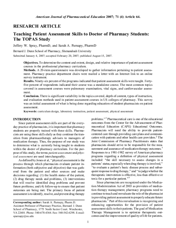 (PDF) Teaching Patient Assessment Skills to Doctor of Pharmacy Students ...