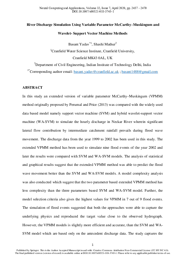 Pdf River Discharge Simulation Using Variable Parameter Mccarthymuskingum And Wavelet Support