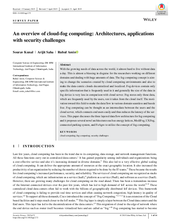 Pdf An Overview Of Cloud‐fog Computing Architectures Applications With Security Challenges