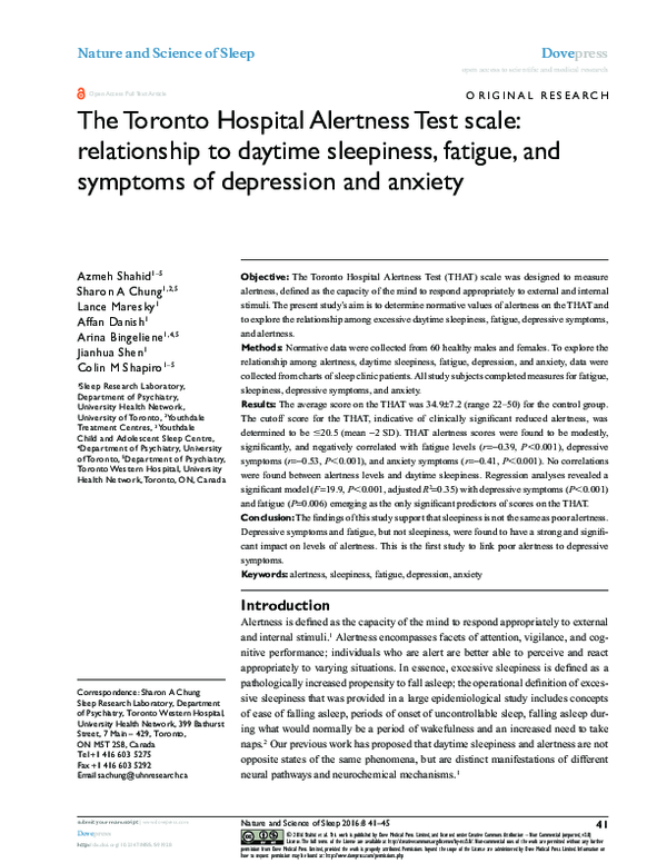 (PDF) The Toronto Hospital Alertness Test scale: relationship to ...
