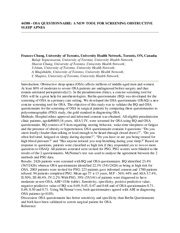 (PDF) OSA Questionnaire: A new tool for screening obstructive sleep ...