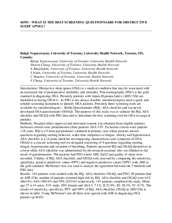 (PDF) What is the best screening questionnaire for obstructive sleep apnea?