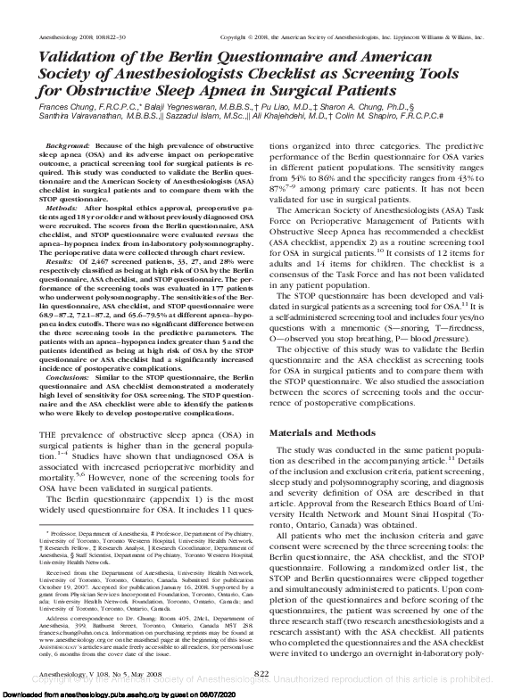 (PDF) Validation of the Berlin Questionnaire and American Society of ...