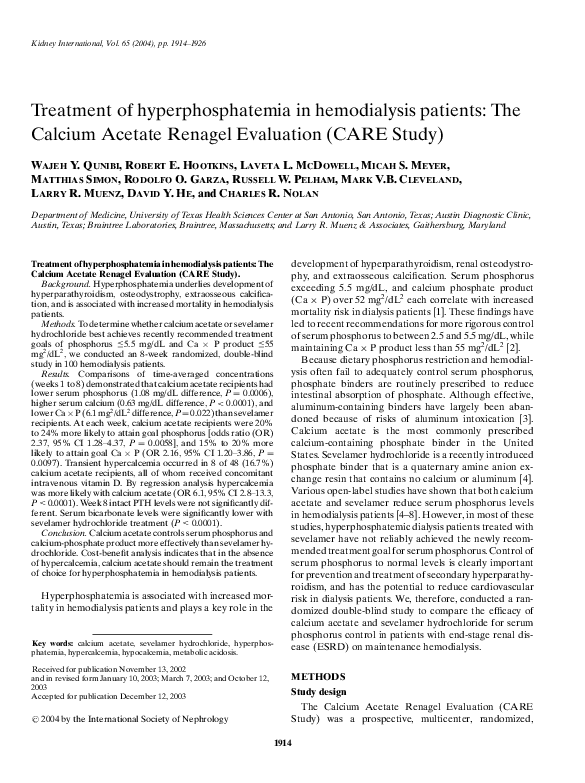 (PDF) Treatment of hyperphosphatemia in hemodialysis patients: the ...