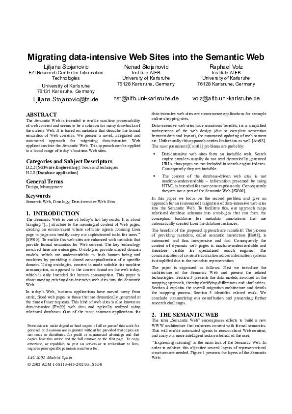 Pdf Migrating Data Intensive Web Sites Into The Semantic Web