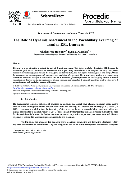 (PDF) The Role of Dynamic Assessment in the Vocabulary Learning of ...