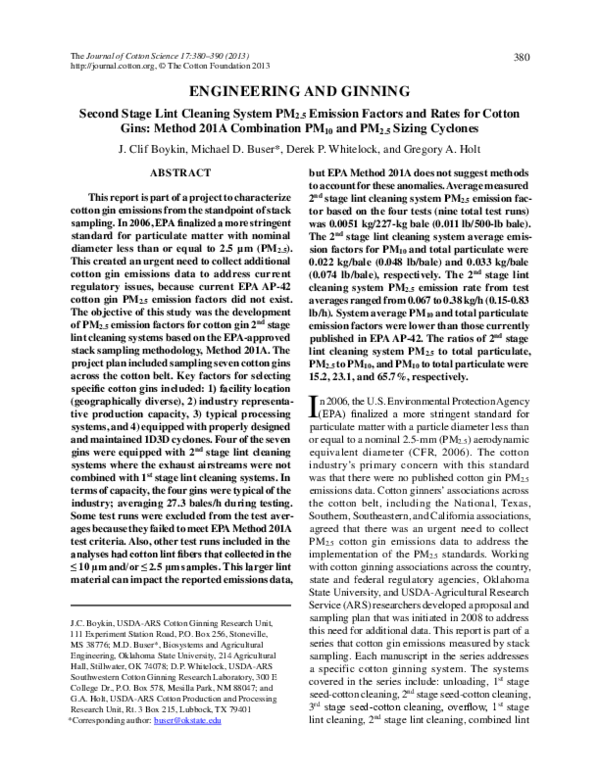 (PDF) Second stage lint cleaning system PM2. 5 emission factors and ...