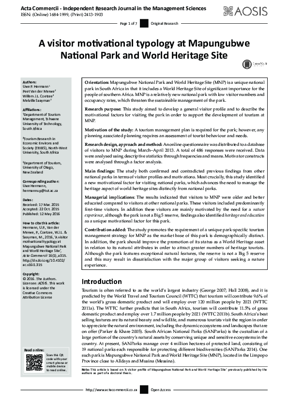 (PDF) A visitor motivational typology at Mapungubwe National Park and ...