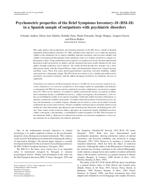 (PDF) Psychometric properties of the Brief Symptoms Inventory-18 (BSI ...