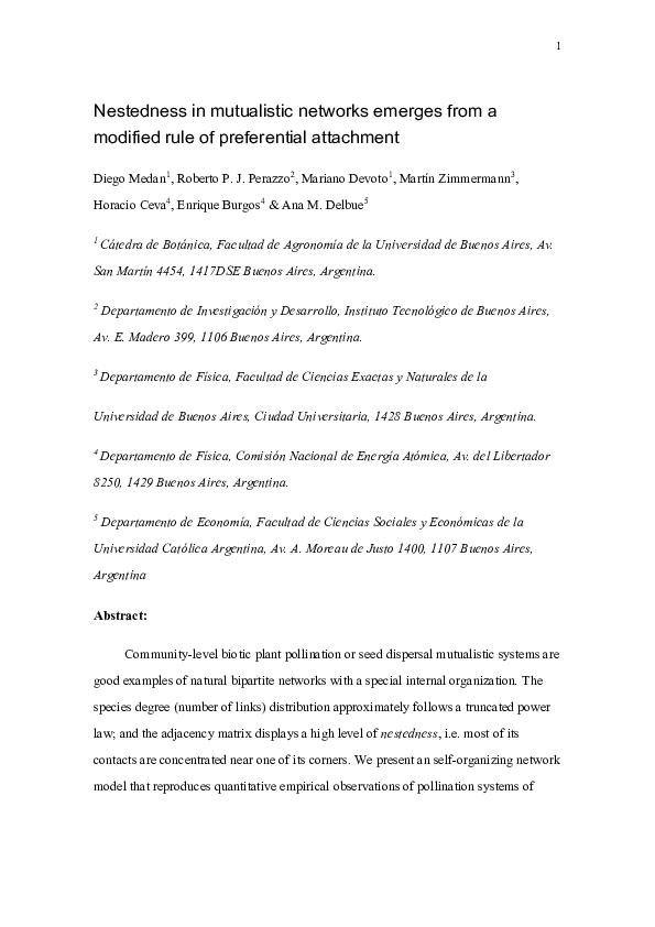 (PDF) Nestedness in mutualistic networks emerges from a modified rule of preferential attachment