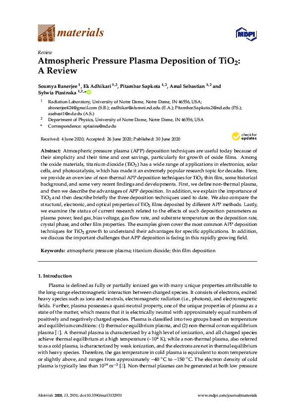 (PDF) Atmospheric Pressure Plasma Deposition of TiO2: A Review