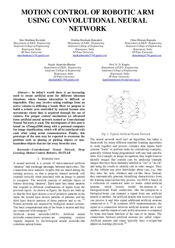 Pdf Motion Control Of Robotic Arm Using Convolutional Neural Network