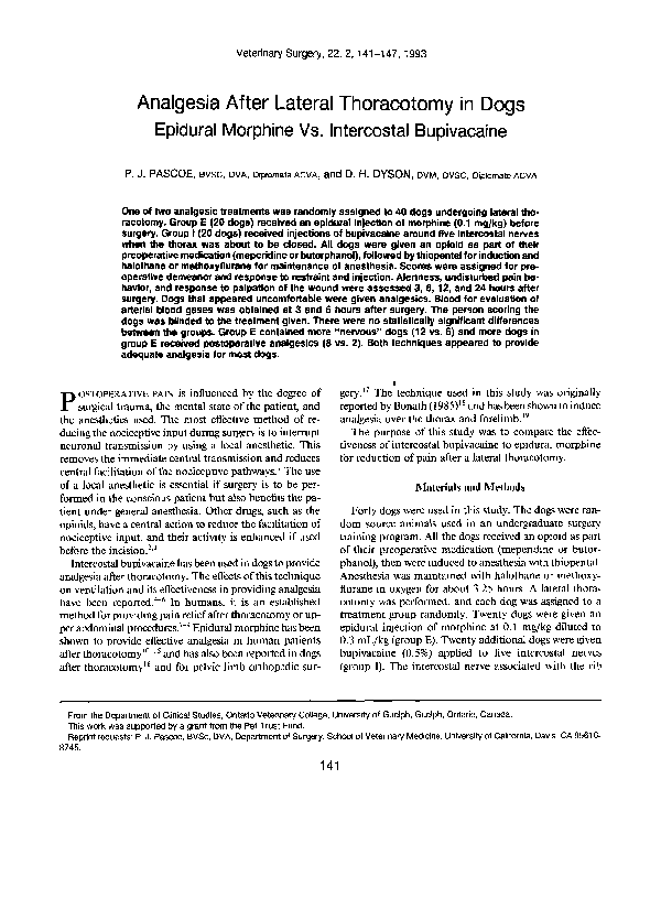 (PDF) Analgesia After Lateral Thoracotomy in Dogs Epidural Morphine Vs ...