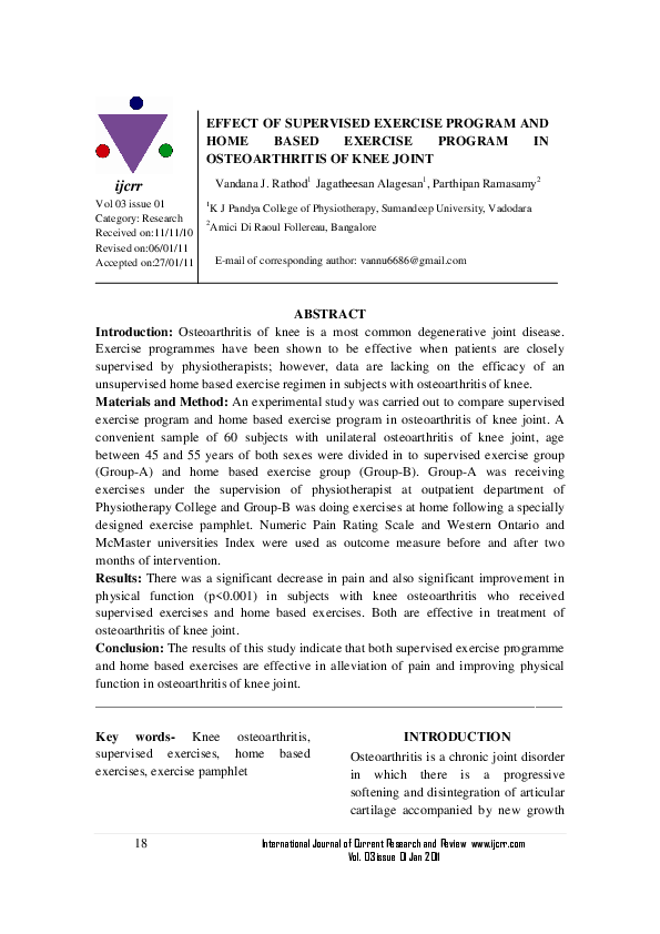 (PDF) Effect of Supervised Exercise Program and Home Based Exercise Program in Osteoarthritis of ...