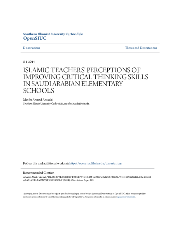 (PDF) Islamic Teachers’ Perceptions of Improving Critical Thinking Skills in Saudi Arabian ...