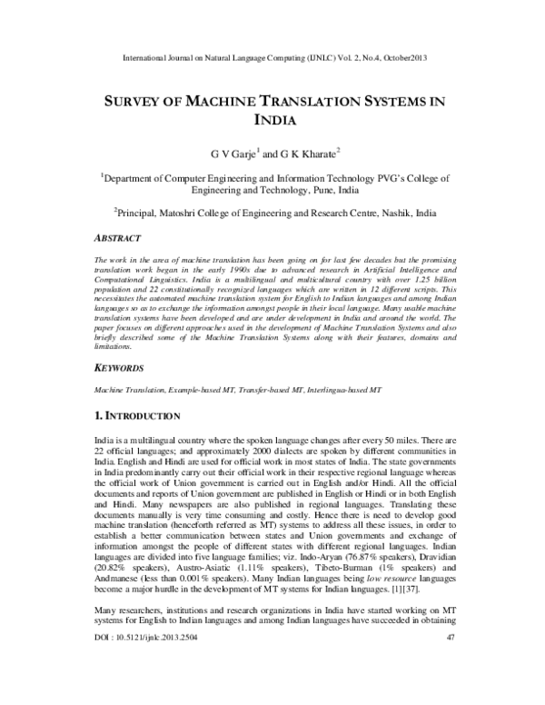 (PDF) Survey of Machine Translation Systems in India